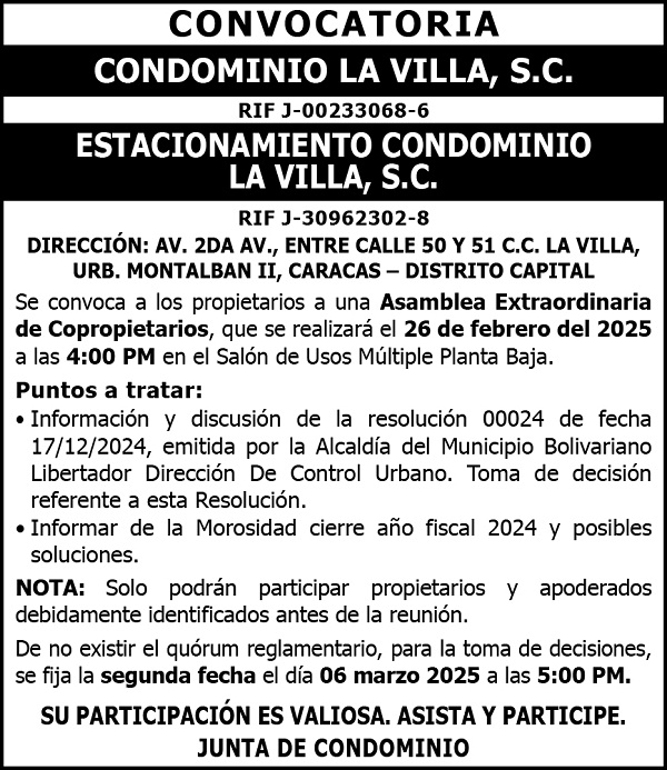 CONVOCATORIA CONDOMINIO LA VILLA S.C.